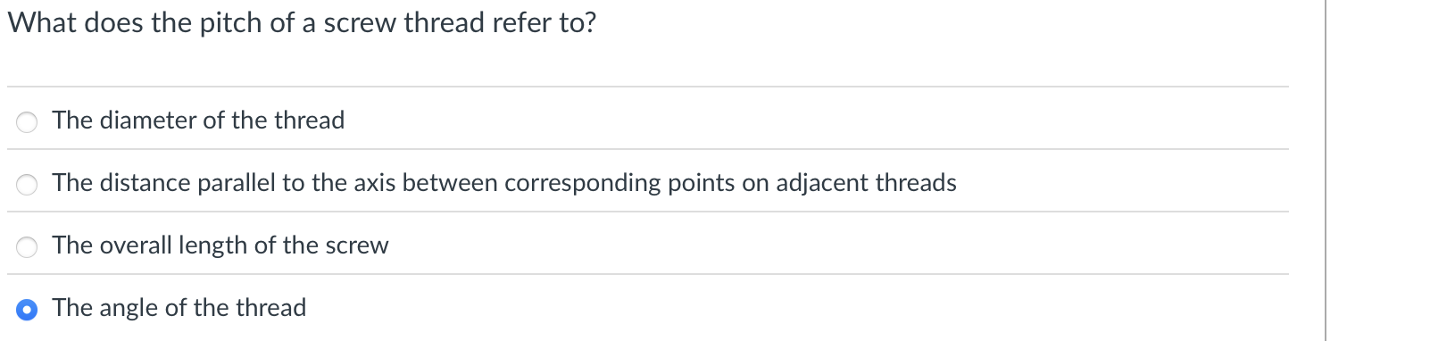 Solved What does the pitch of a screw thread refer to?The | Chegg.com