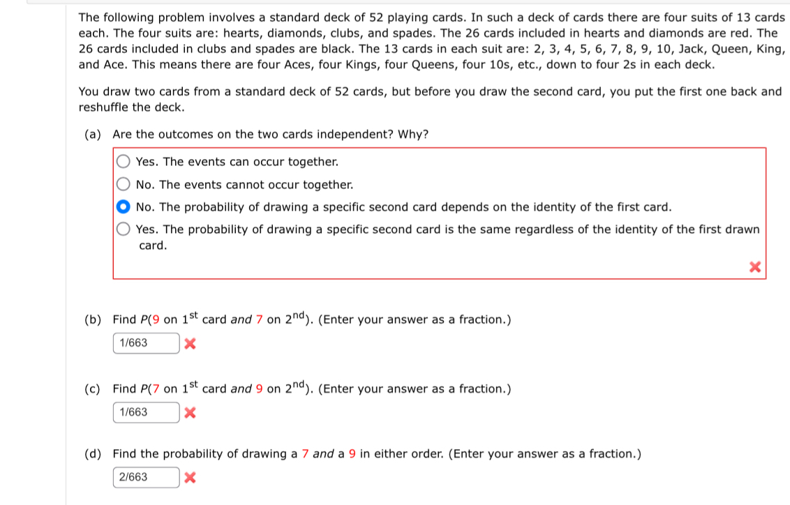 Solved The following problem involves a standard deck of 52 | Chegg.com
