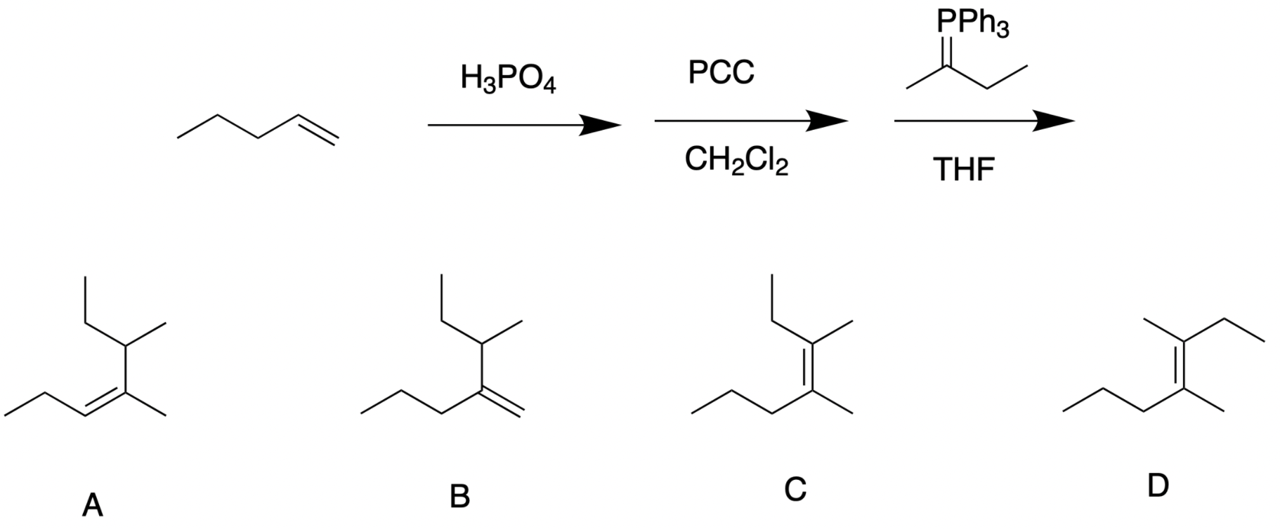 Solved PPh3 H3PO4 PCC CH2Cl2 THE C B С А. D | Chegg.com