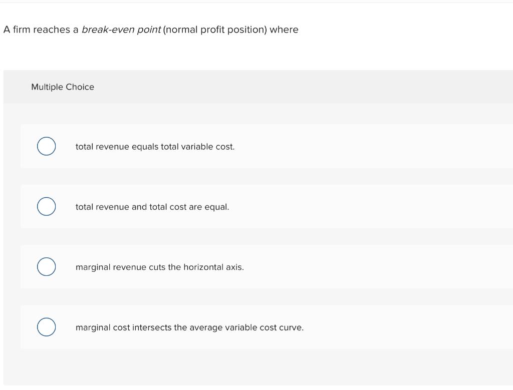 Solved A firm reaches a break-even point (normal profit | Chegg.com