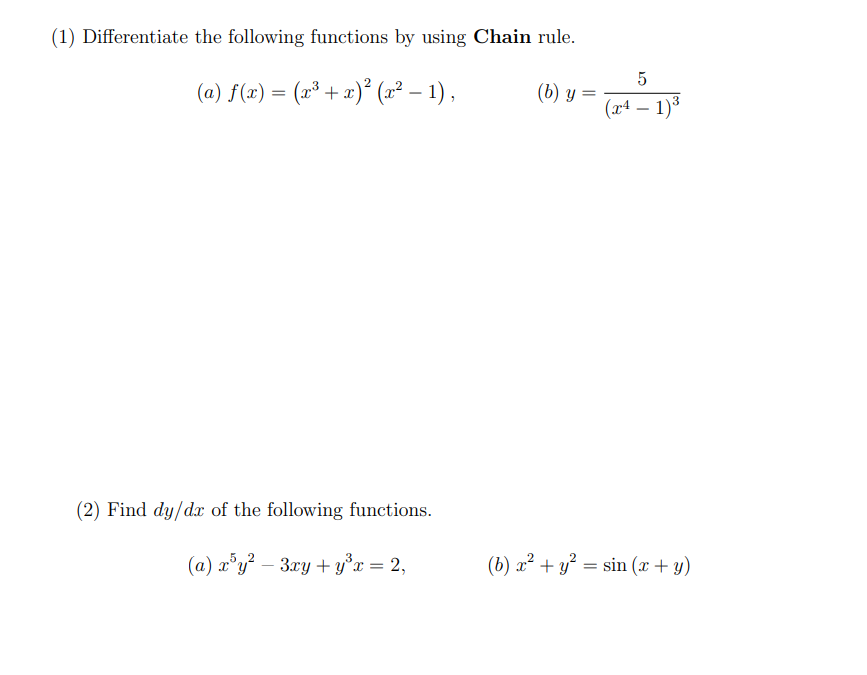 Solved (1) Differentiate the following functions by using | Chegg.com