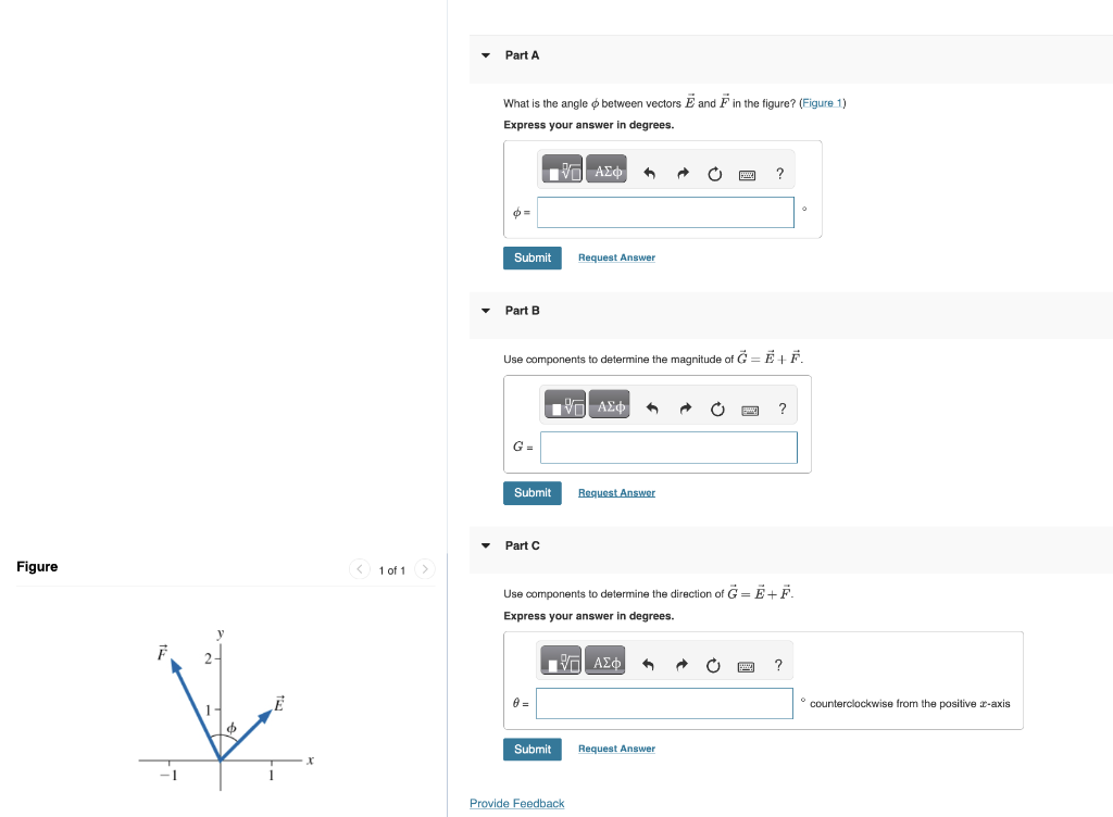 Solved 1 of 1What is the angle ϕ between vectors E and F in | Chegg.com