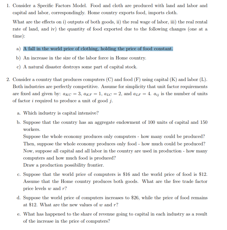 Solved fffffffffffConsider a Specific Factors Model. Food | Chegg.com