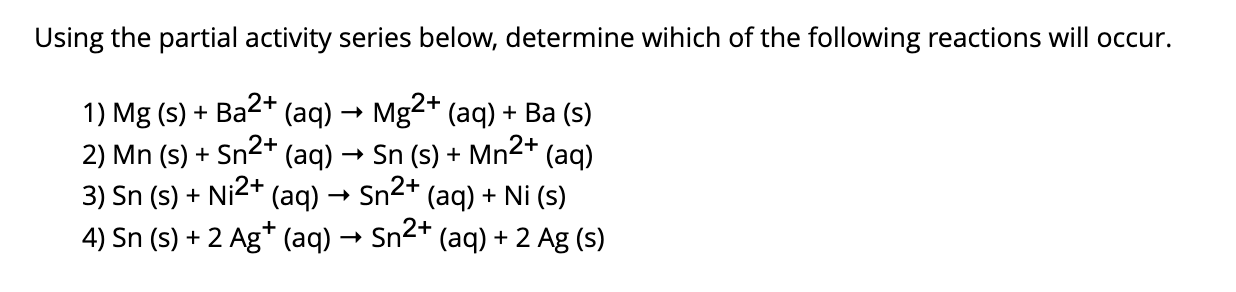 Solved Using the partial activity series below, determine | Chegg.com