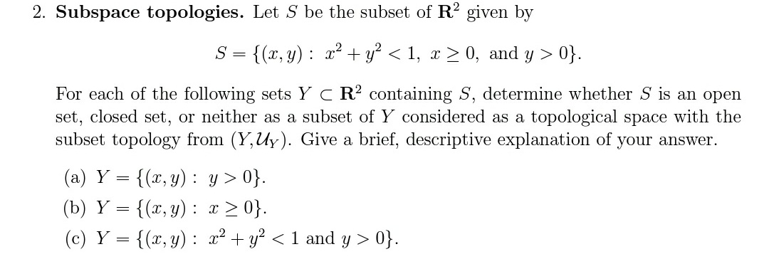 Solved 2. Subspace topologies. Let S be the subset of Ra | Chegg.com
