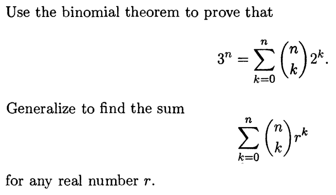 Solved Use the binomial theorem to prove that 3n=∑k=0n(nk)2k | Chegg.com