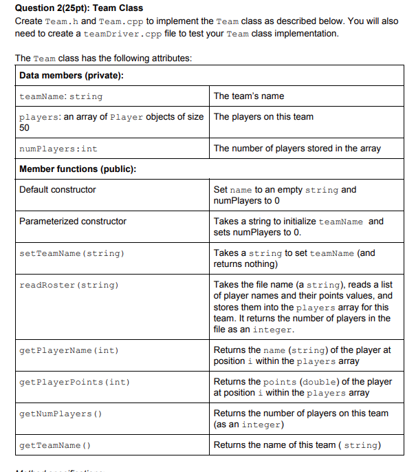 Solved Question 2(25pt): Team Class Create Team.h and | Chegg.com