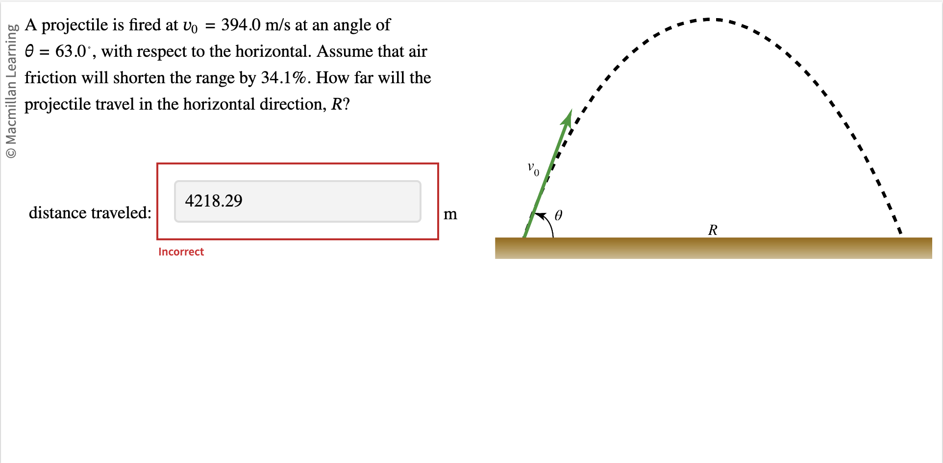 Solved A projectile is fired at v0=394.0ms ﻿at an angle of | Chegg.com