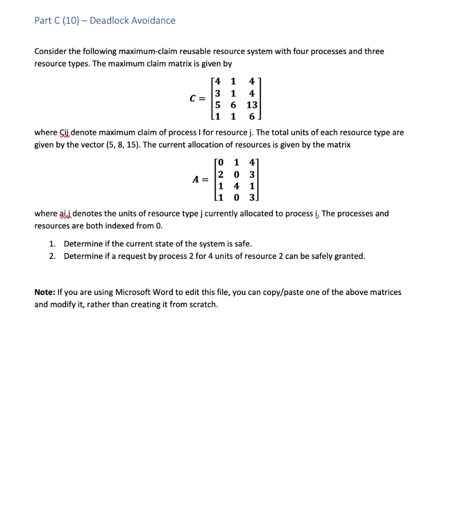 Solved Part C (10) - Deadlock Avoidance Consider the | Chegg.com