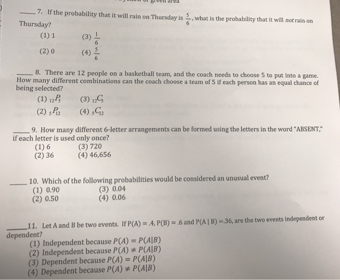 Solved 7. If the probability that it will rain on Thursday | Chegg.com