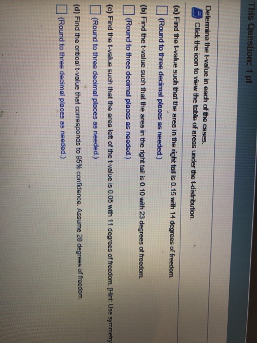 Solved Determine the t-value in each of the cases. Click | Chegg.com