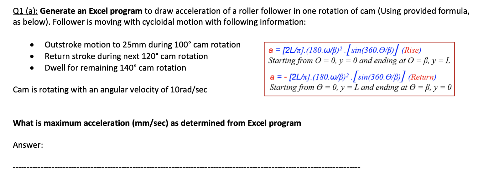 Generate an Excel program to draw acceleration of a | Chegg.com
