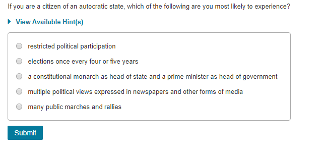Solved If you are a citizen of an autocratic state, which of | Chegg.com