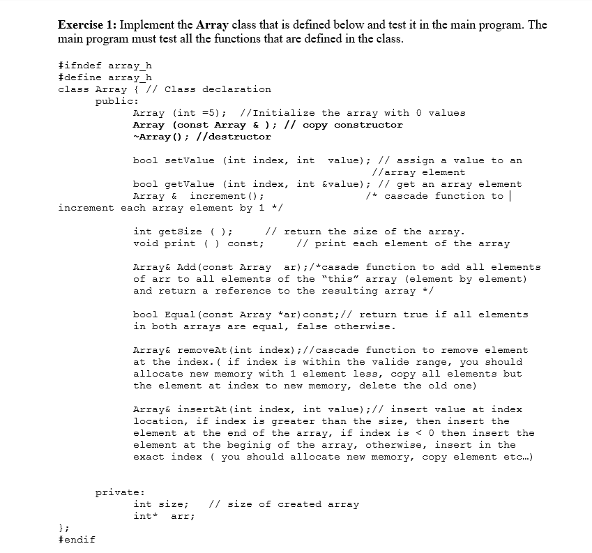 Exercise 1 Implement The Array Class That Is Defined