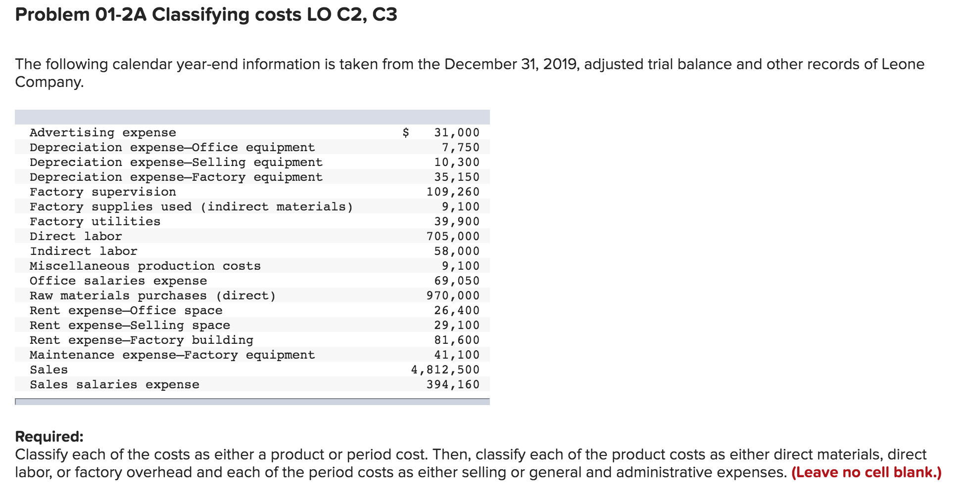 Solved Problem 01-2A Classifying costs LO C2, C3 The | Chegg.com