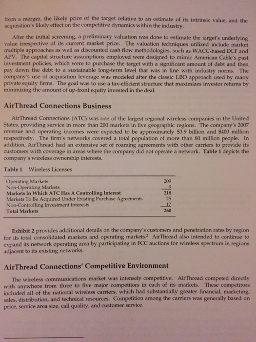 Solved Valuation of AirThread Connections In early December | Chegg.com