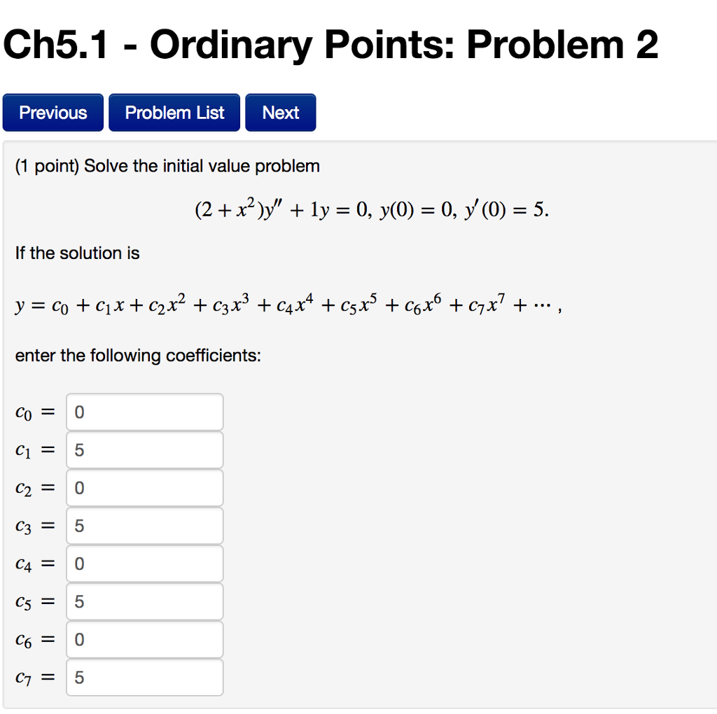 Solved Ch5.1 - Ordinary Points: Problem 2 Previous Problem | Chegg.com