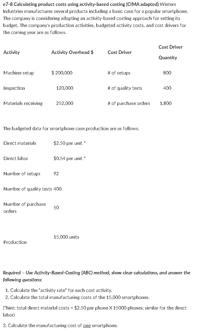 Solved e7-8 Calculating product costs using activity-based | Chegg.com