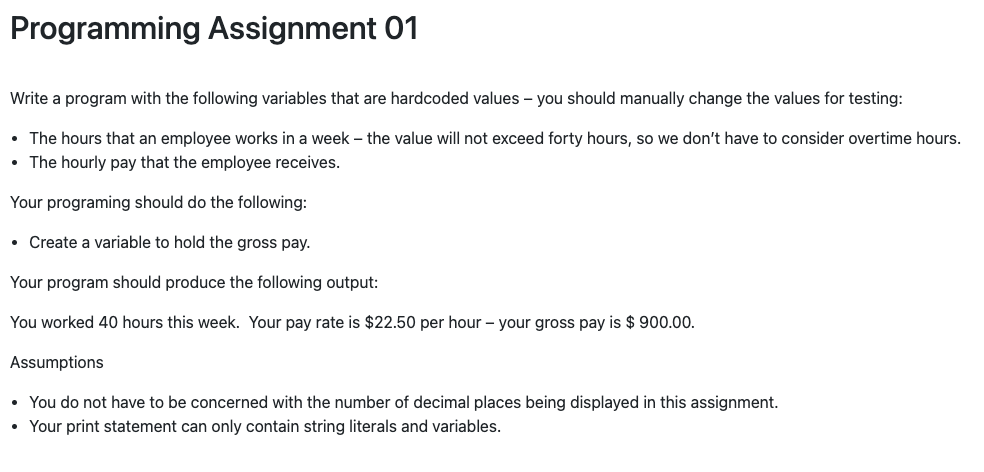 Programming Assignment 01 Write a program with the | Chegg.com