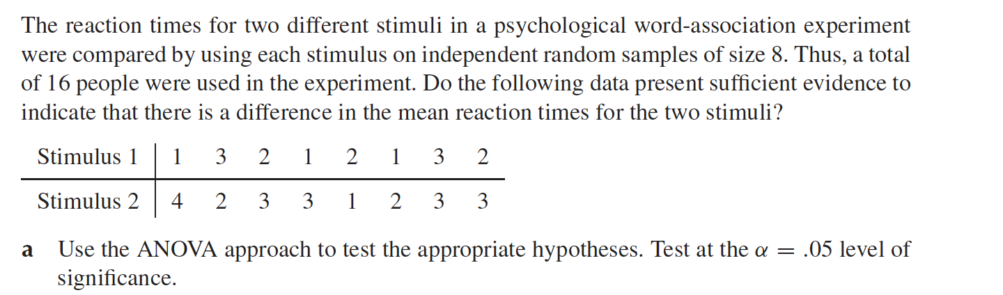 Solved The reaction times for two different stimuli in a | Chegg.com