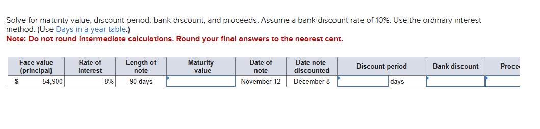 Solved Solve for maturity value, discount period, bank | Chegg.com