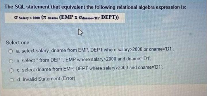 Solved The SQL statement that equivalent the following | Chegg.com