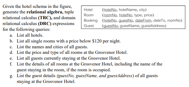 Solved Given the hotel schema in the figure, generate the | Chegg.com