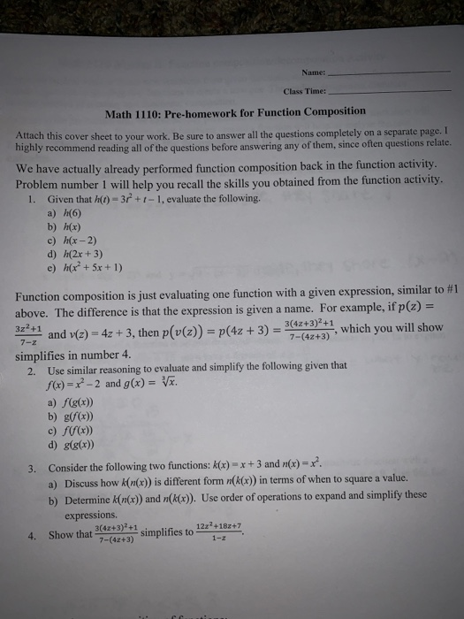 Solved Name: Class Time: Math 1110: Pre-homework for | Chegg.com Solved Name: Class Time: Math 1110: Pre-homework for | Chegg.com
