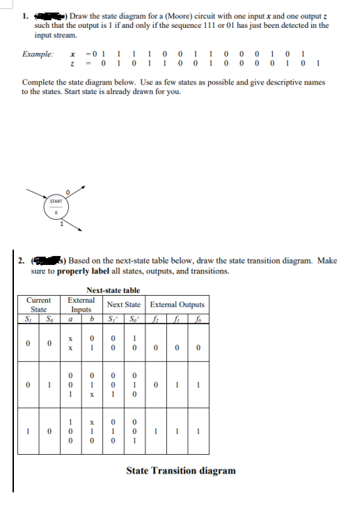 Solved 1. Draw the state diagram for a (Moore) circuit with | Chegg.com