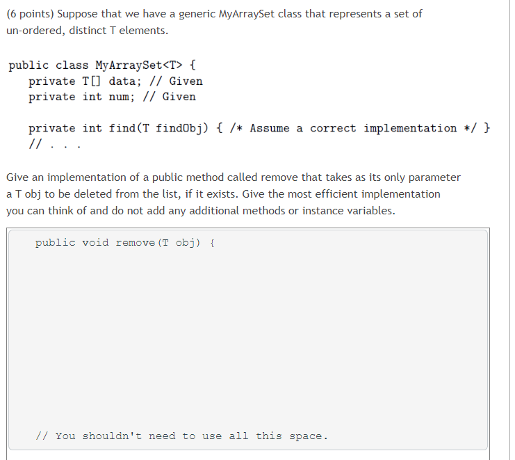 Solved (6 points) Suppose that we have a generic MyArraySet | Chegg.com