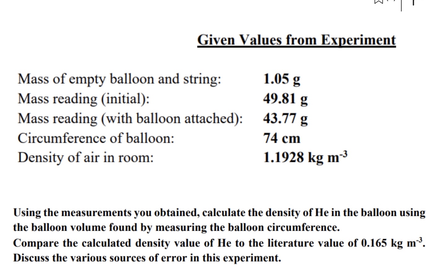 Given Values from Experiment Using the measurements | Chegg.com