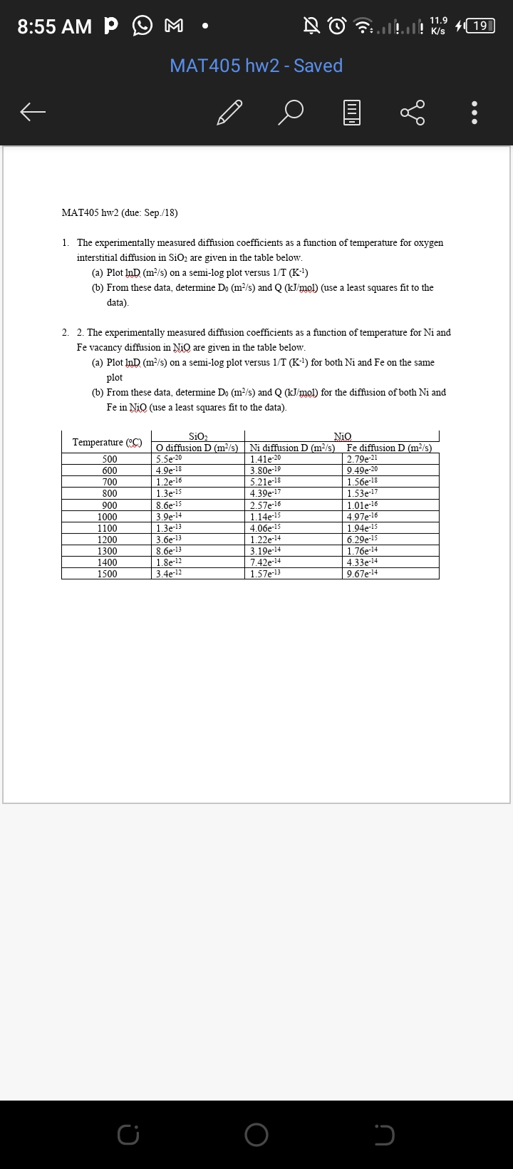 Solved 1. The experimentally measured diffusion coefficients | Chegg.com