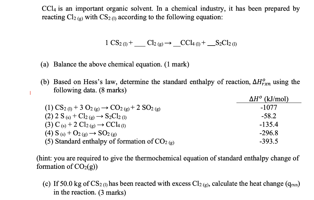 Solved CCl4 is an important organic solvent. In a chemical | Chegg.com