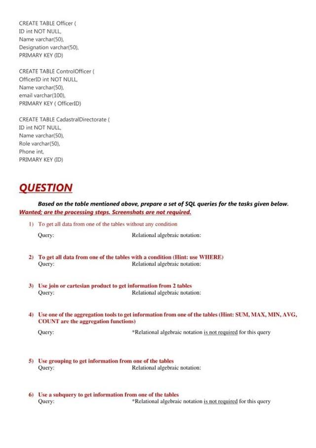 Solved CREATE TABLE Officer ID int NOT NULL, Name | Chegg.com