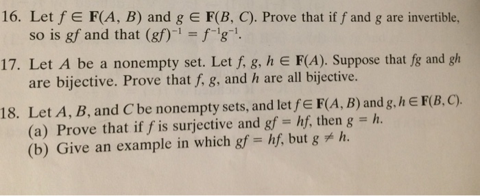 Solved 16. Let f E F(A, B) and g E F(B, C). Prove that if | Chegg.com