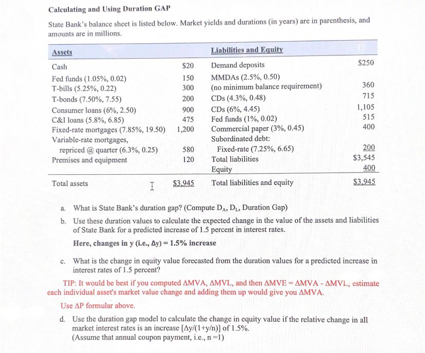 Solved Calculating and Using Duration GAP State Bank's | Chegg.com