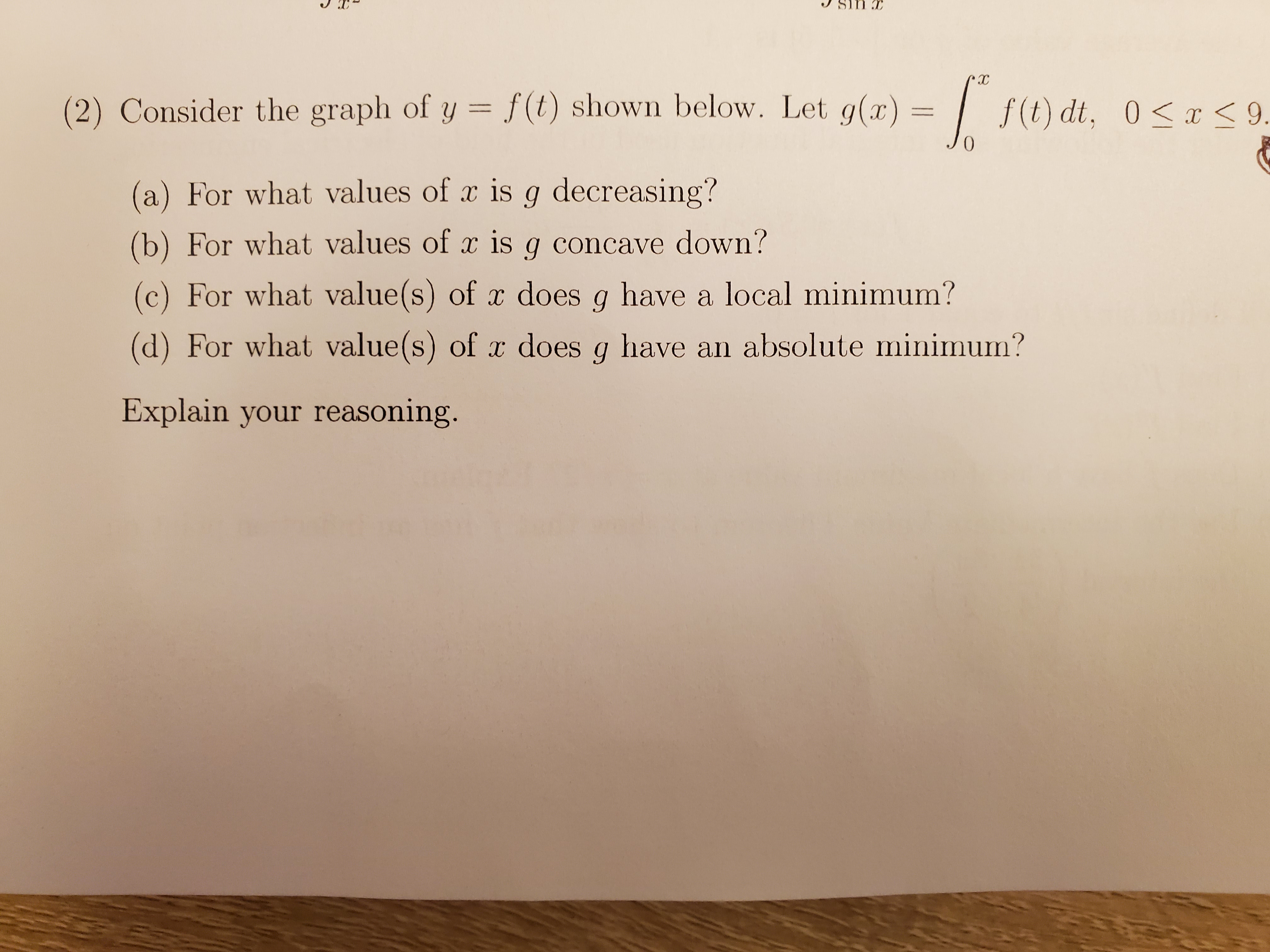 Solved (2) Consider the graph of y=f(t) shown below. Let | Chegg.com