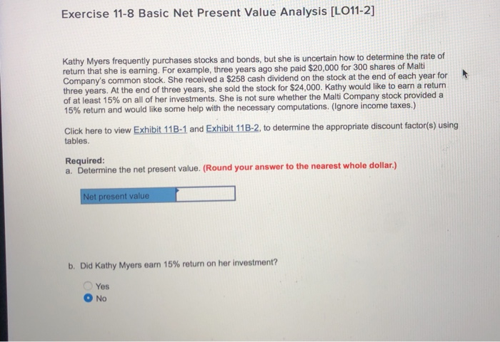 Solved Exercise 11-8 Basic Net Present Value Analysis | Chegg.com
