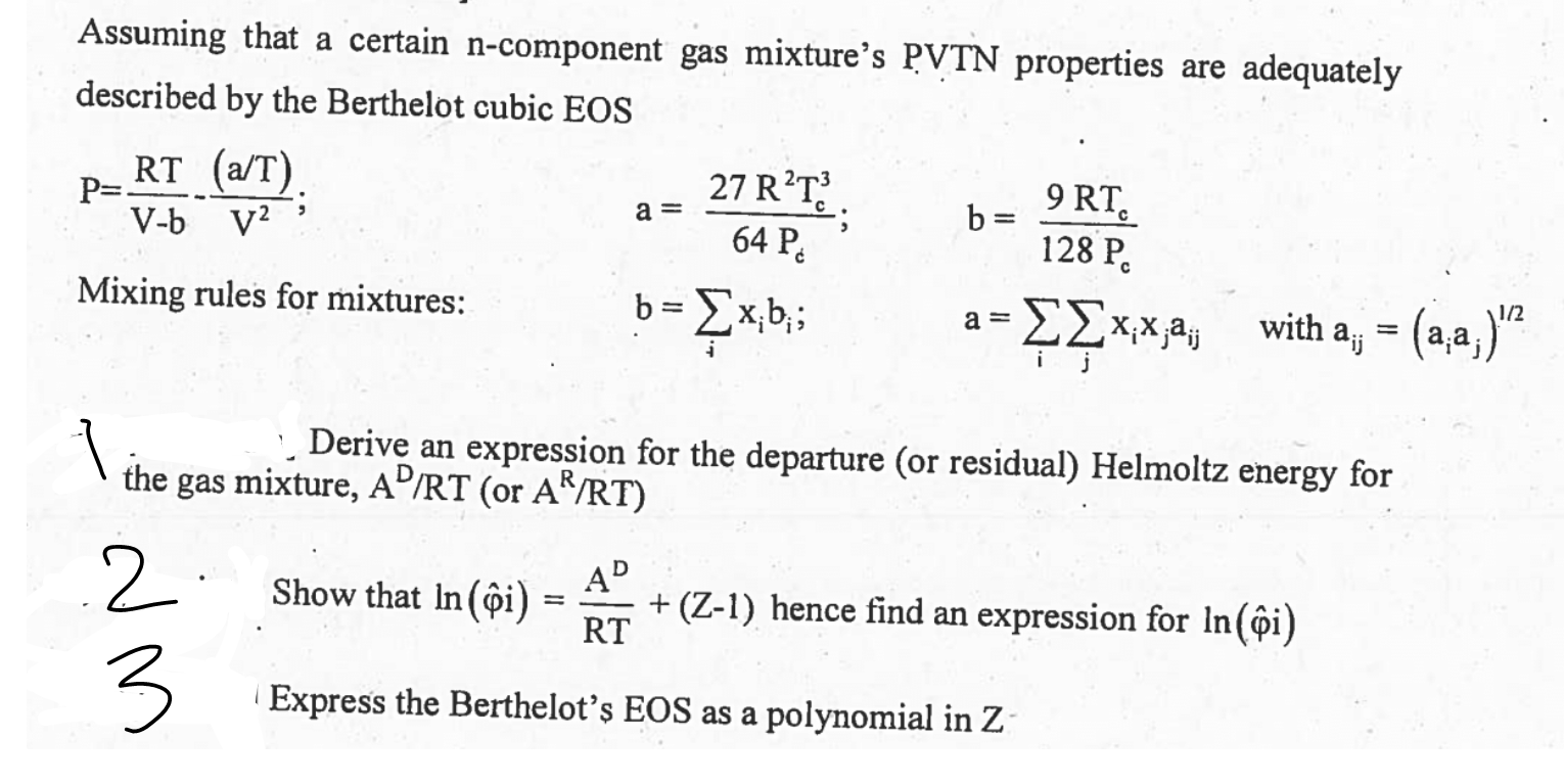 Assuming that a certain n-component gas mixture's | Chegg.com