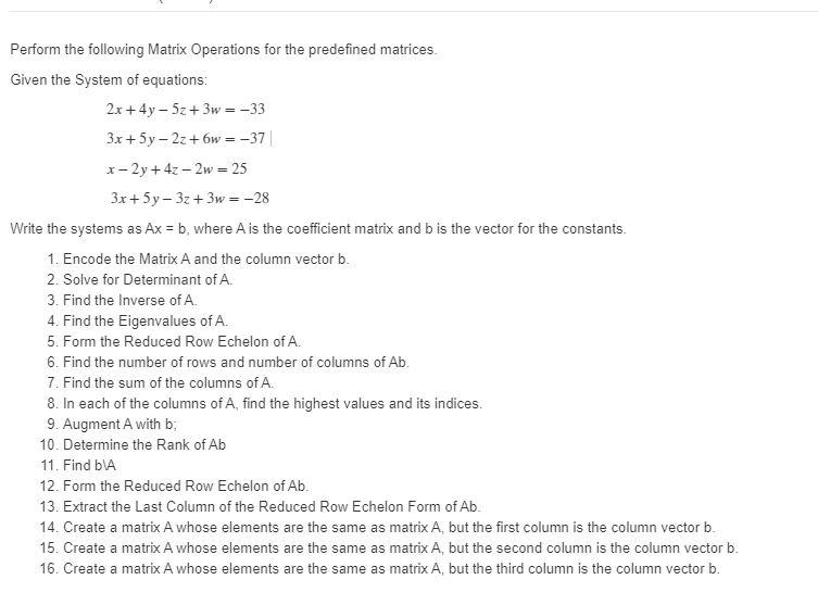 Solved Perform the following Matrix Operations for the | Chegg.com