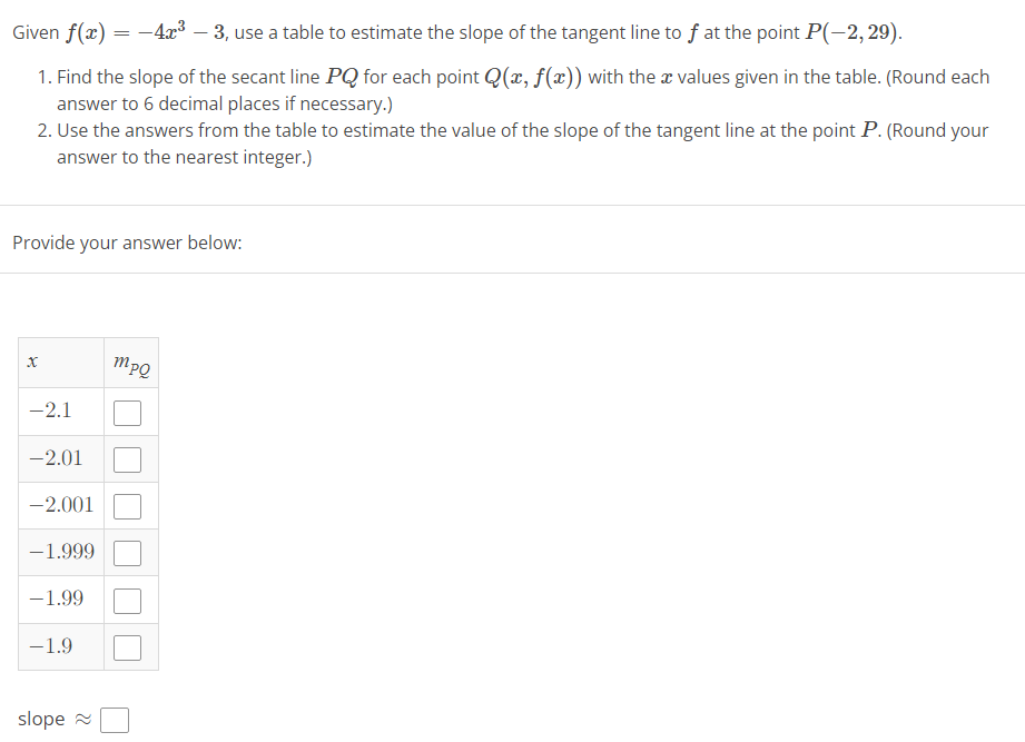 Solved Given f(x)=−4x3−3, use a table to estimate the slope | Chegg.com
