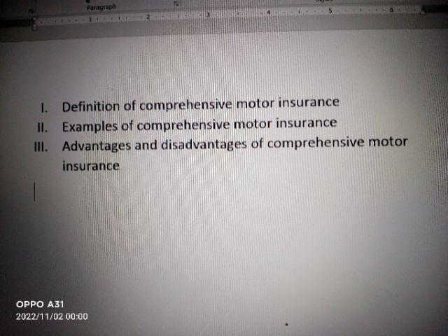 Solved I. Definition of comprehensive motor insurance II. | Chegg.com