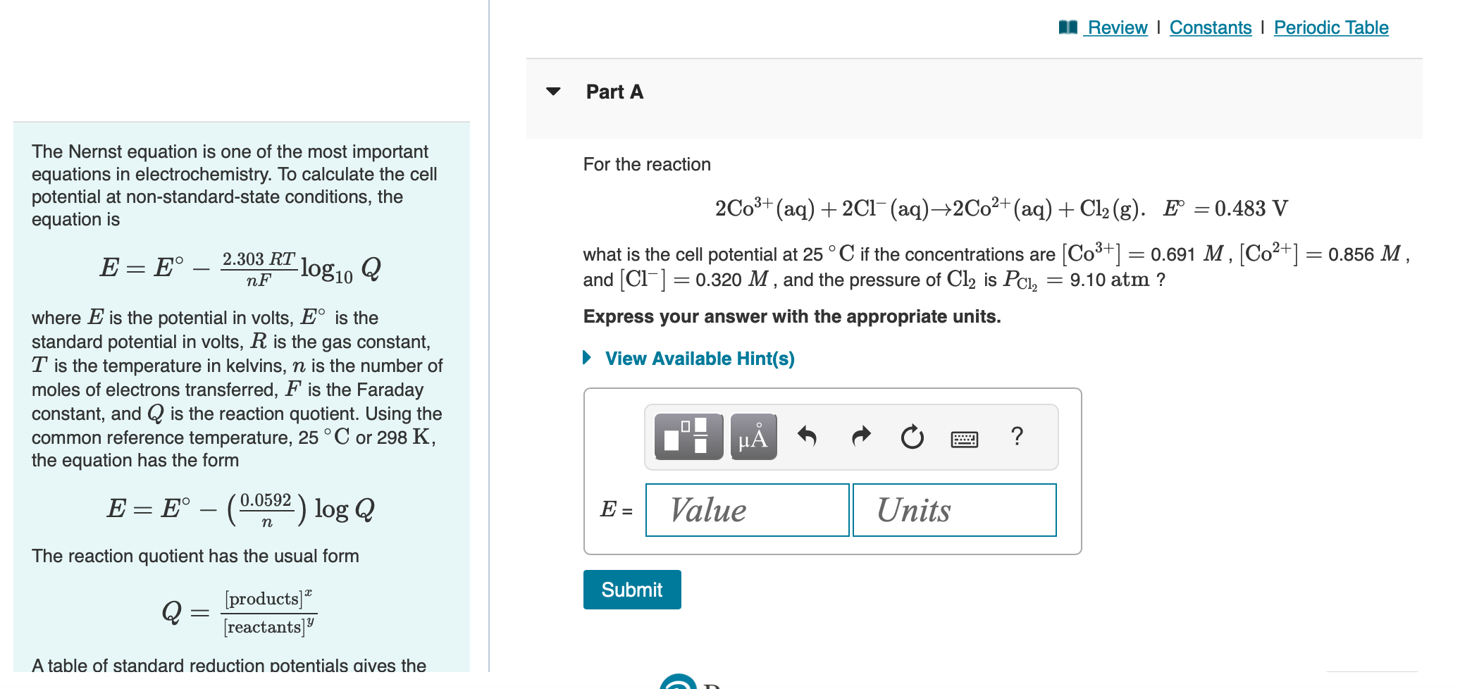 The Nernst equation is one of the most important For | Chegg.com