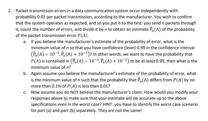 Solved 2. Packet transmission errors in a data communication | Chegg.com