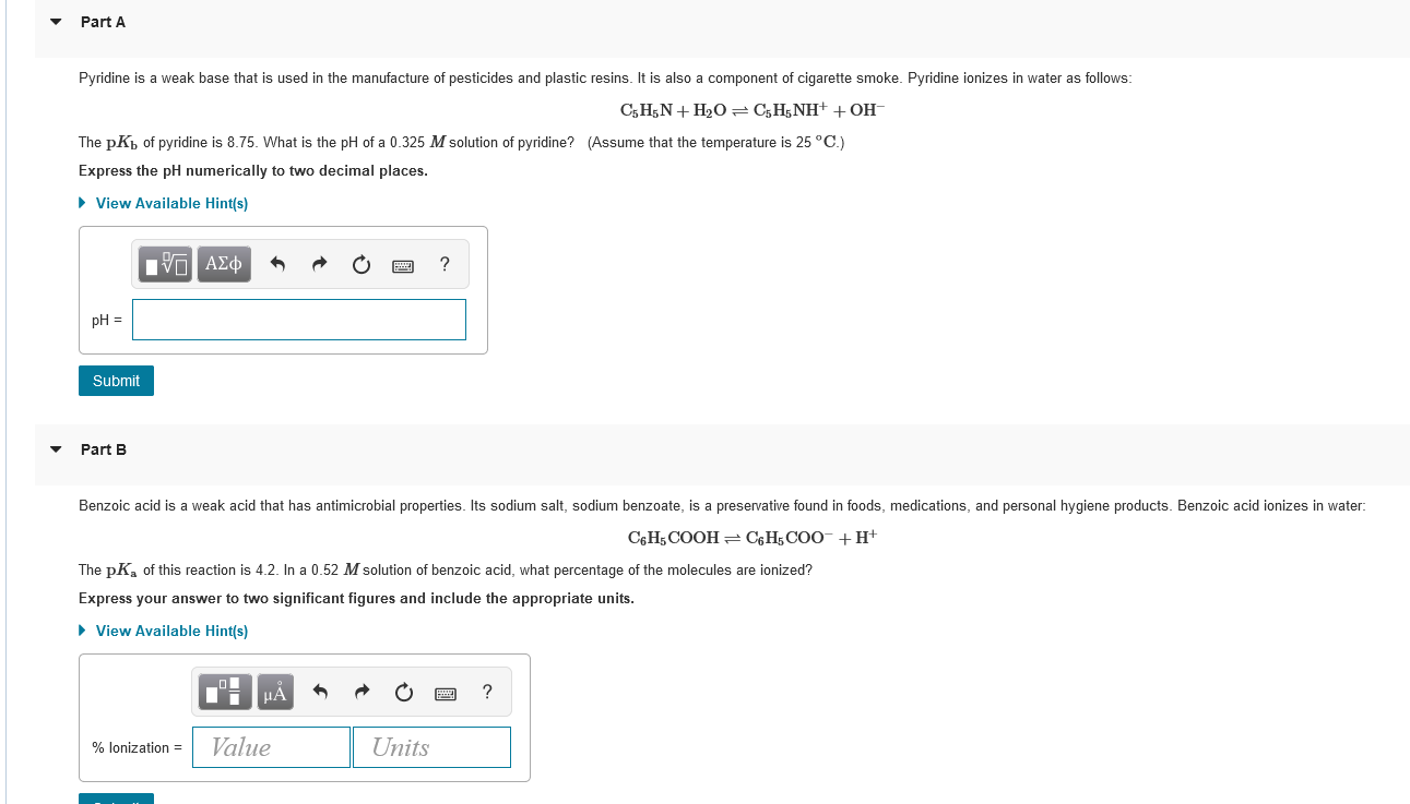 Solved C5H5 N+H2O⇌C5H5NH++OH− The pKb of pyridine is 8.75. | Chegg.com