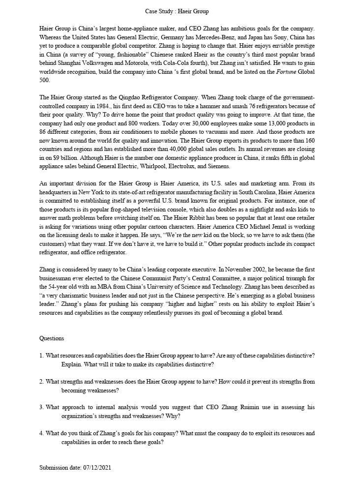 Case Study: Hair Group Haier Group is China's largest | Chegg.com