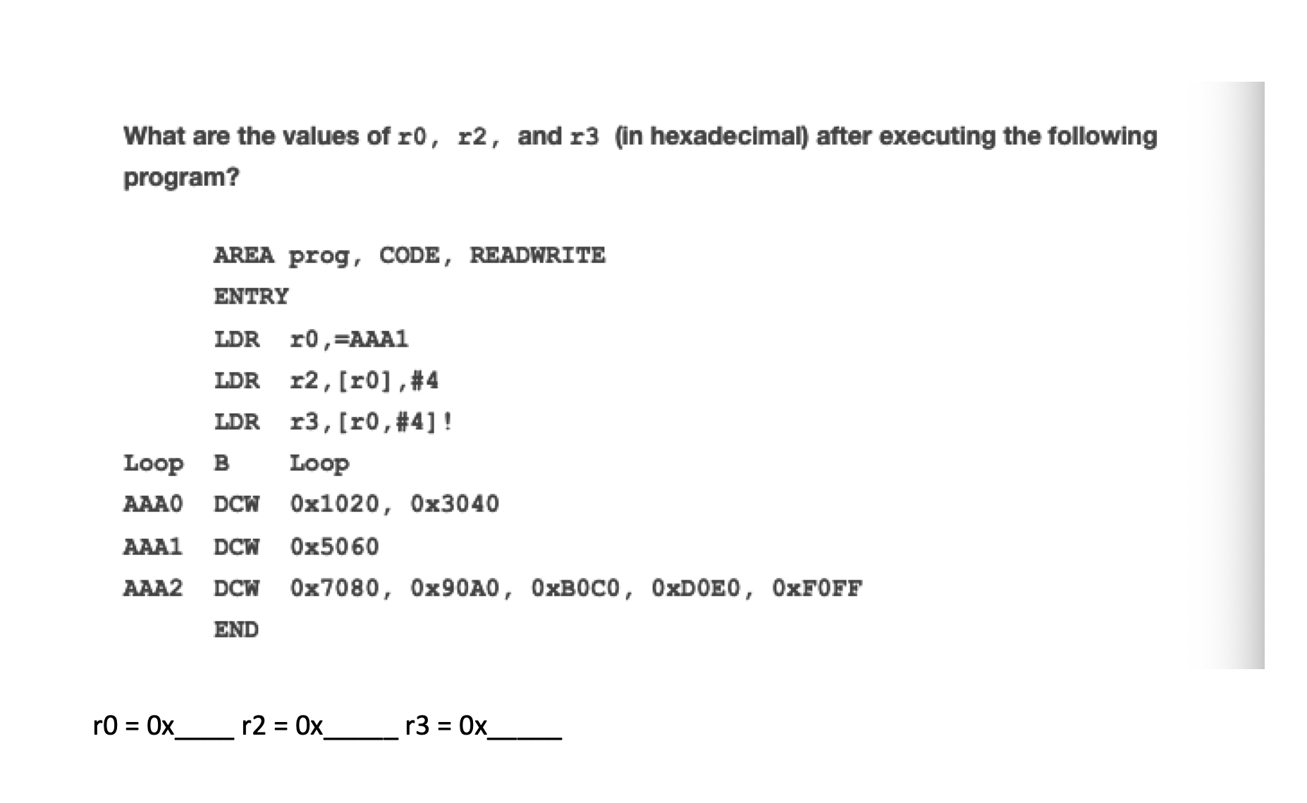 Solved What are the values of r0,r2, and r3 (in hexadecimal) | Chegg.com