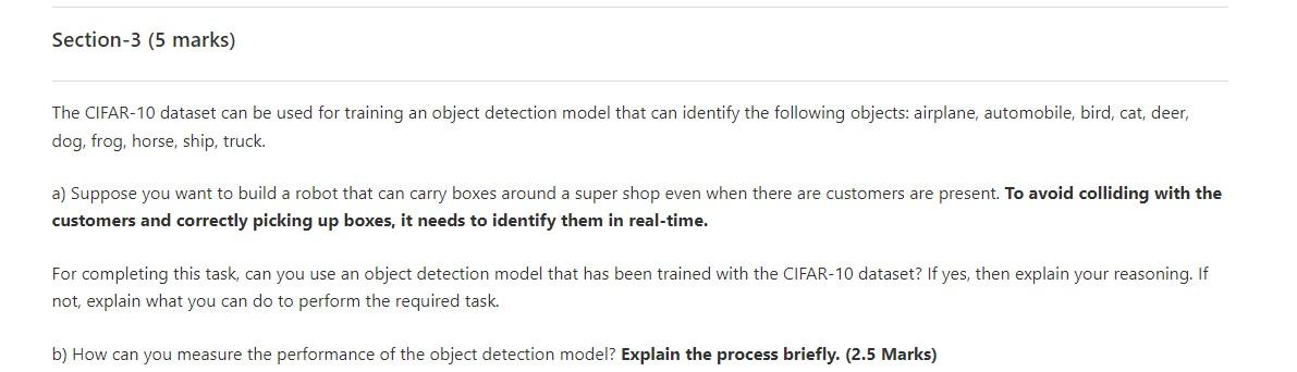 Solved Section-3 (5 marks) The CIFAR-10 dataset can be used | Chegg.com