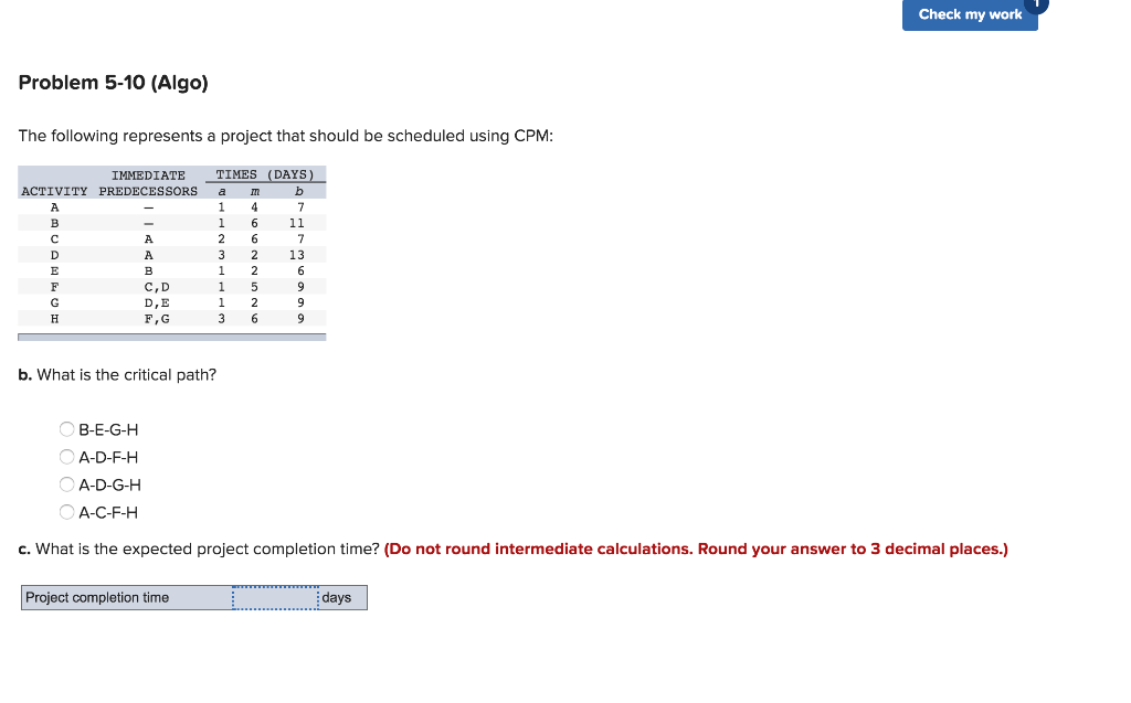 Solved Check my work Problem 5-10 (Algo) The following | Chegg.com