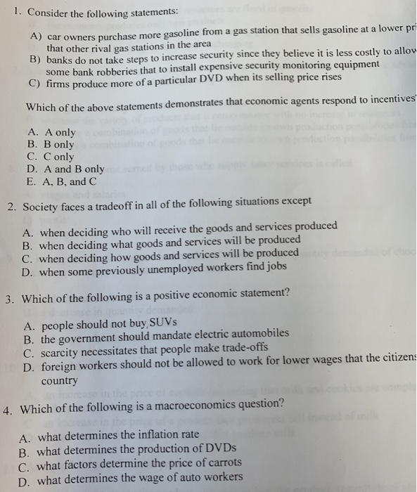 Solved 1. Consider the following statements: A) car owners | Chegg.com